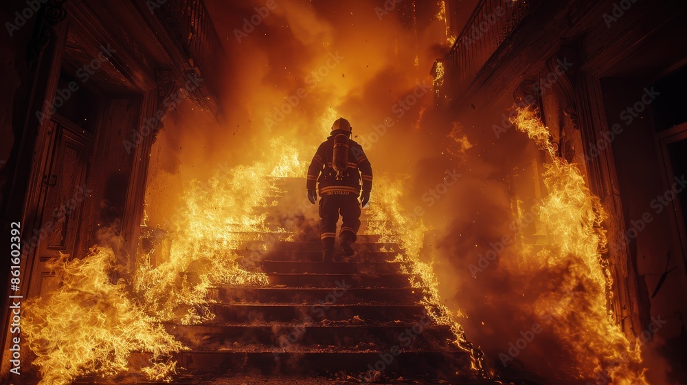 Another perspective of a firefighter climbing stairs amidst roaring ...