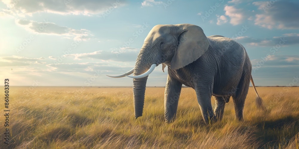 elephant in the savannah, Elegant Elephant in Grasslands A full-body ...