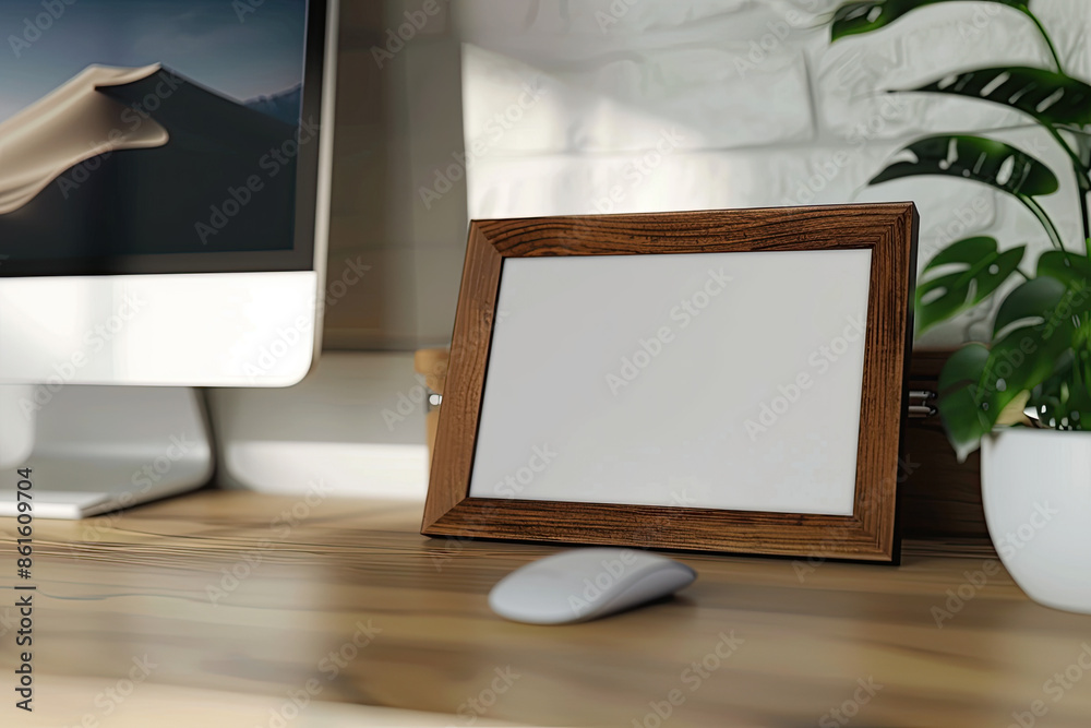 A mockup of an empty wooden frame on the desk next to a computer mouse ...
