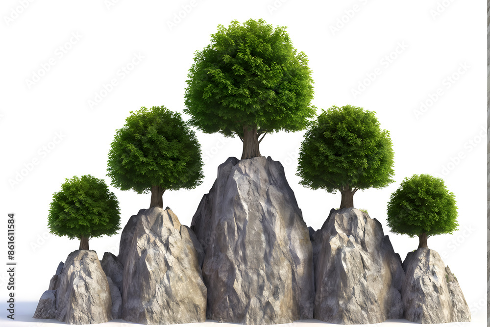 Group of trees among the rocks. Cutout trees isolated on white ...