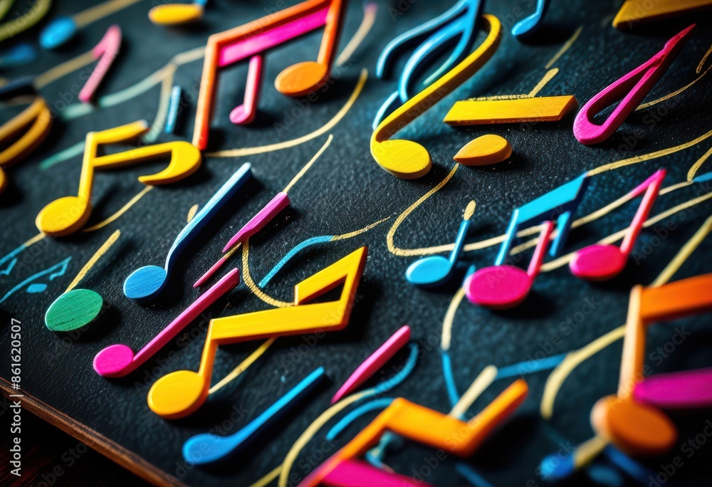vibrant music notes displayed chalkboard background, colors, artistic ...