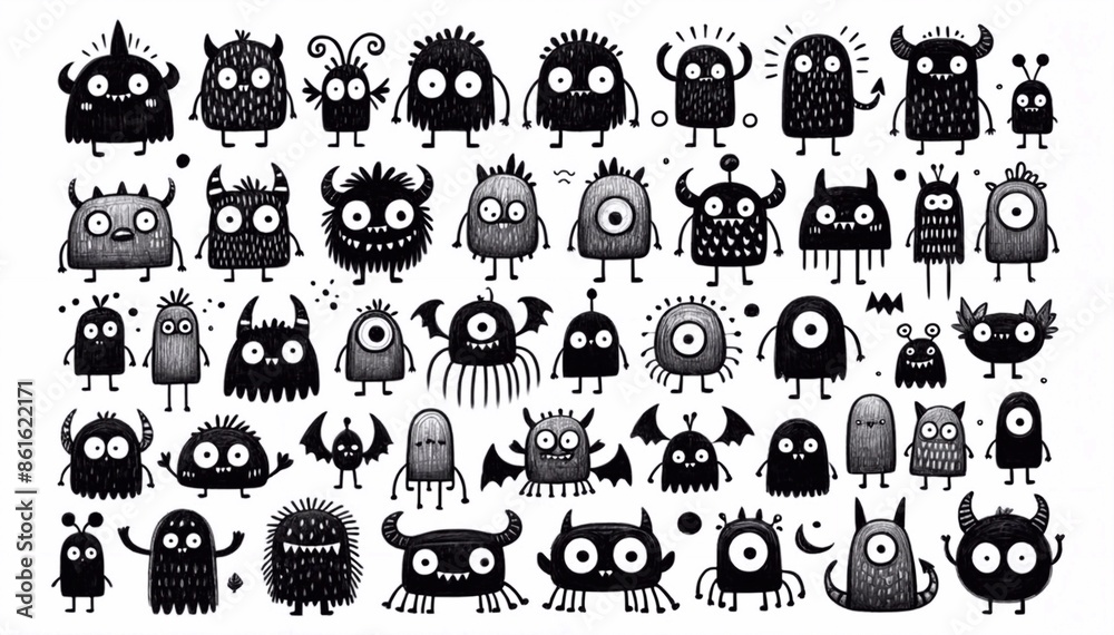 Black and white cute line drawing of various monsters and creatures ...