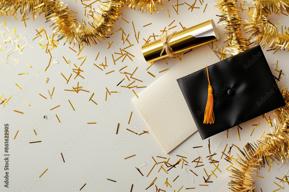 Flat lay of a graduation hat, student diploma, and gold tinsel on a ...