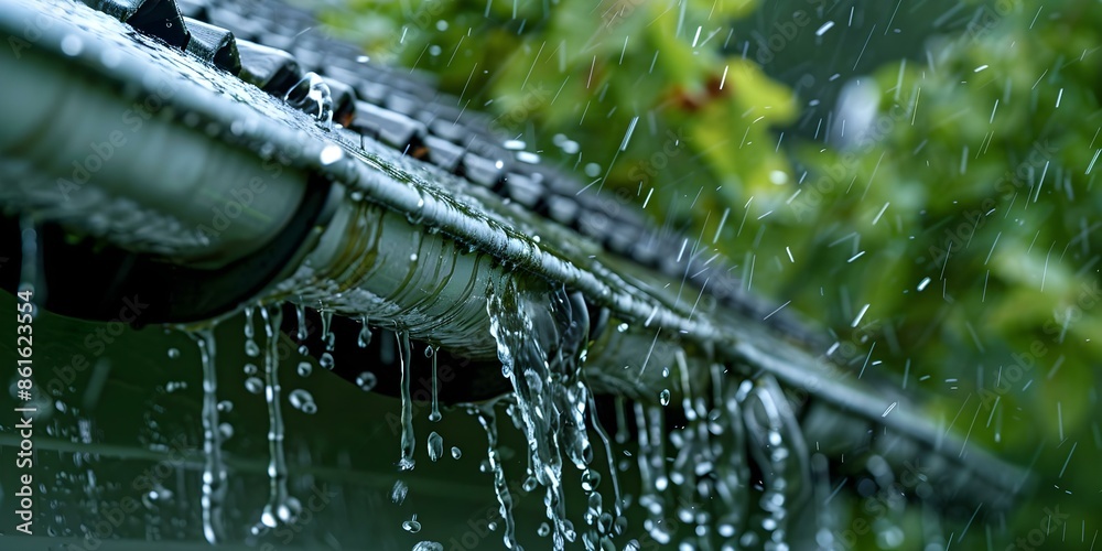 Overflowing rain gutter with water pouring out in abundance. Concept ...