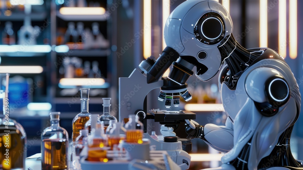 A humanoid robot meticulously examining specimens under a microscope in a high-tech lab ...