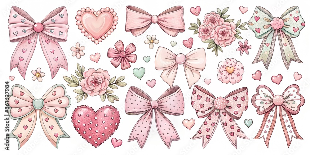 Set of cute coquette bows, ribbons, patches, flowers, cherry, hearts ...