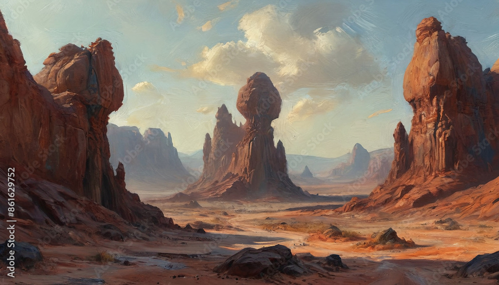 An expansive alien desert with gigantic, twisting rock formations and ...