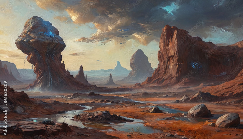 An expansive alien landscape with massive, pulsating energy fields and ...