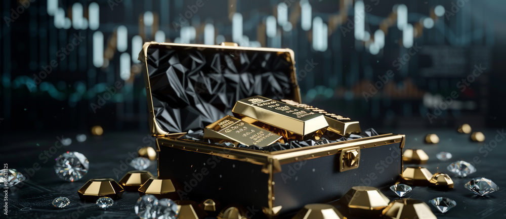 Surrealistic black background, open briefcase with gold bars and golden ...