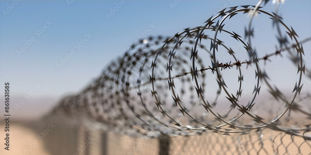 Enormous barbed wire barrier separating the USA and Mexico in the ...