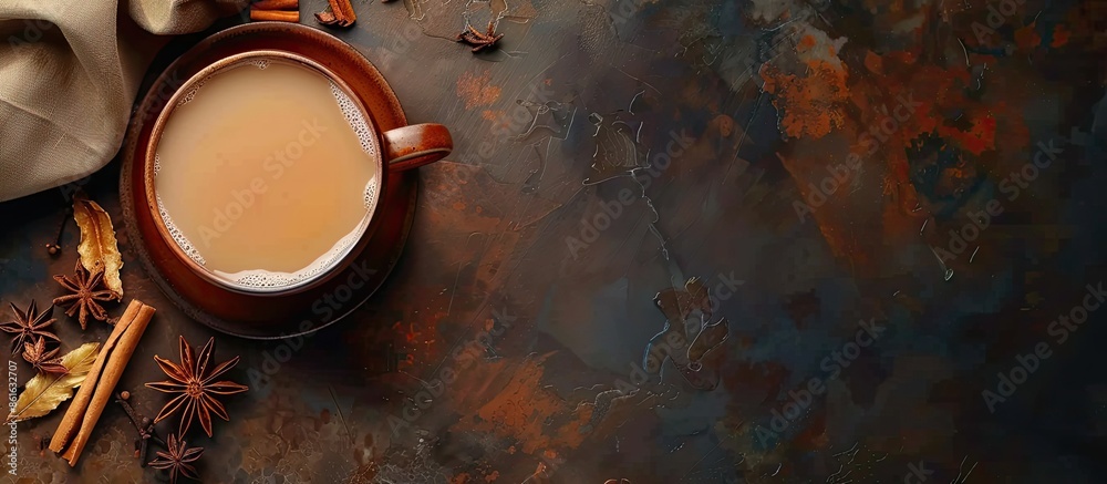 Chai, a traditional Indian spiced tea, presented with copy space image ...