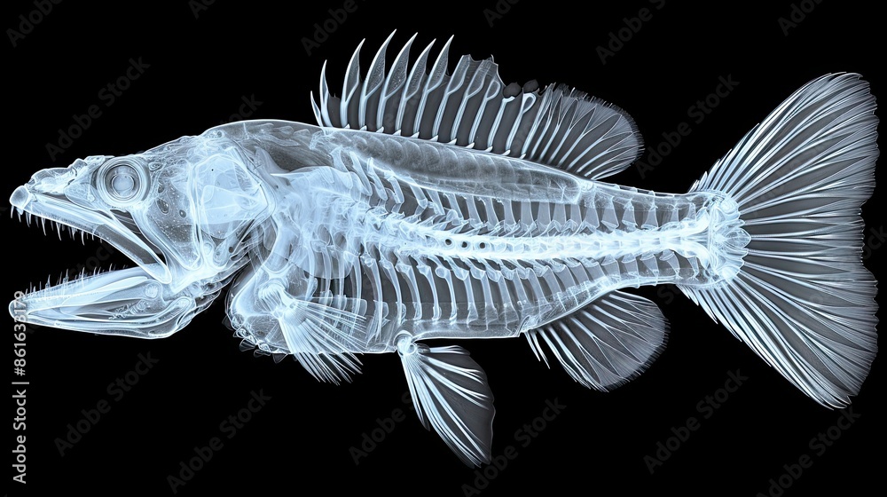X-ray image of a fish showcasing detailed skeletal structure with fins ...