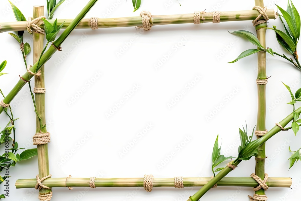 bamboo stick border frame with rope with empty space isolated on white ...