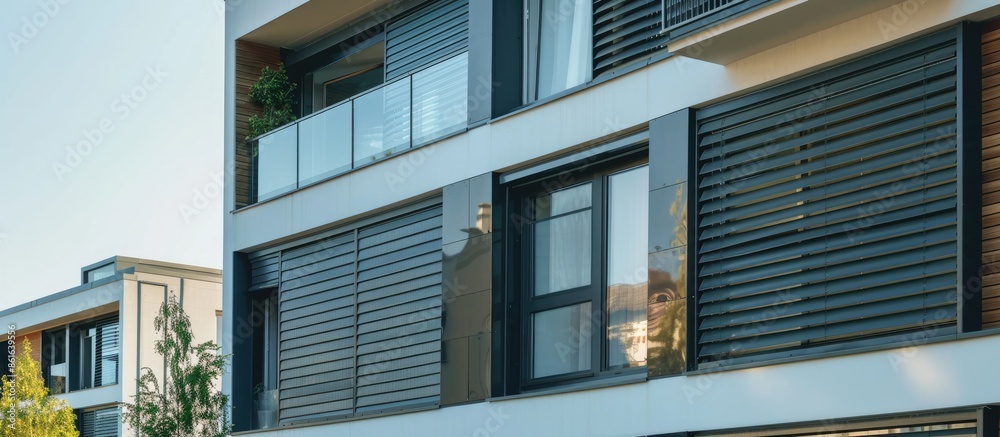 Exterior of contemporary building with roller blinds on windows ...