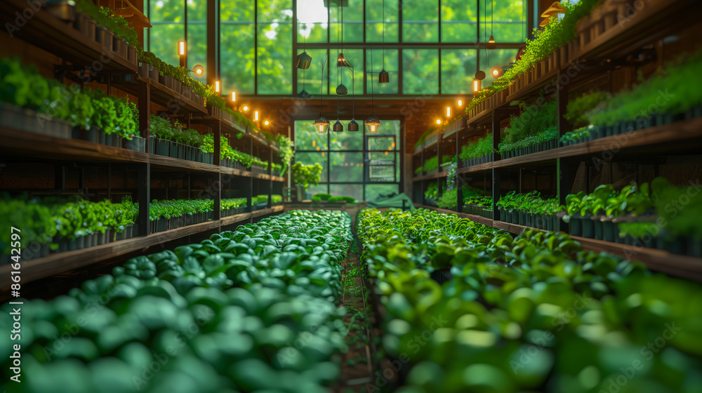 Photorealistic image of an innovative organic farm set in a modern ...