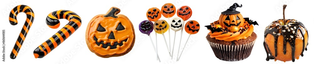 Collection of Halloween sweet candy cupcake cookie lollipop toffee ...