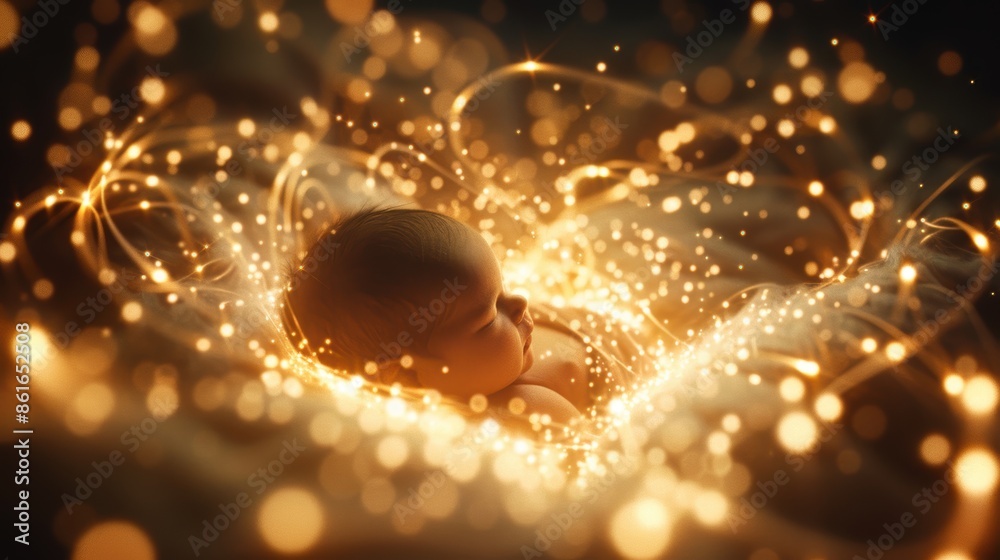 Baby in a womb-like setting, glowing light, organic forms, peaceful and ...