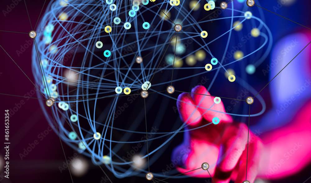 Global network. Blockchain. 3D illustration. Neural networks and artificial intelligence ...