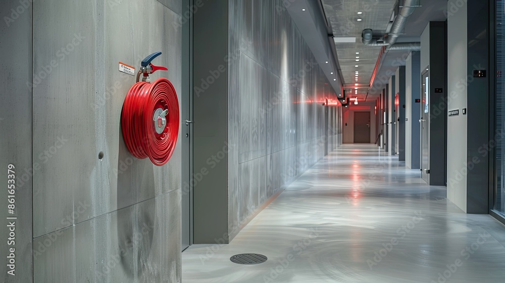 Fire extinguisher and fire hose reel installed in a public corridor ...