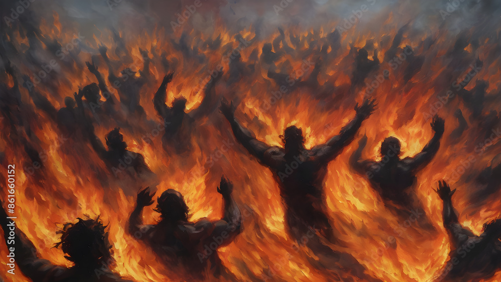 A painting of hell of suffering and eternal damnation. partially ...