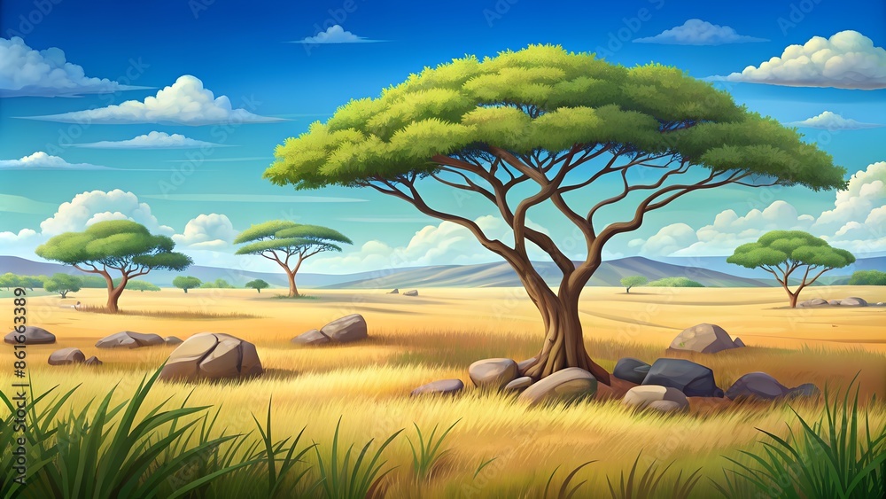 African savannah landscape, wild nature of Africa, cartoon background ...