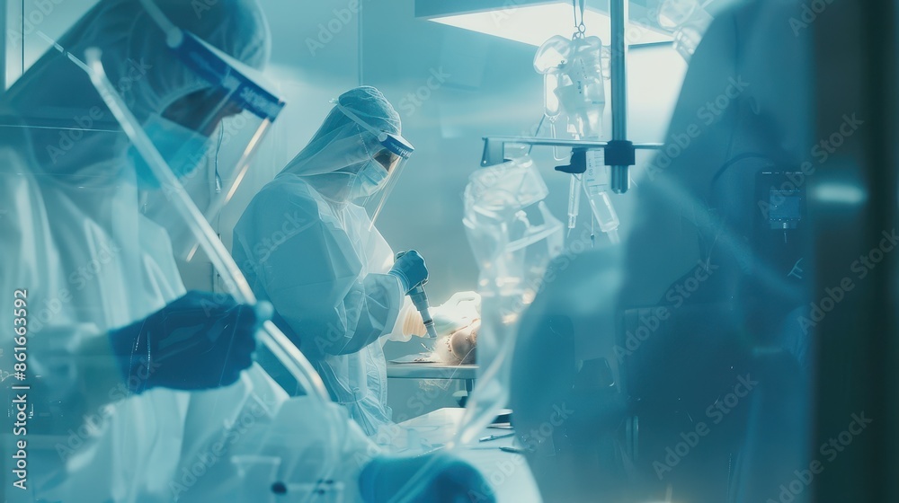 Two surgeons are performing a surgery, one of them holding a scalpel ...