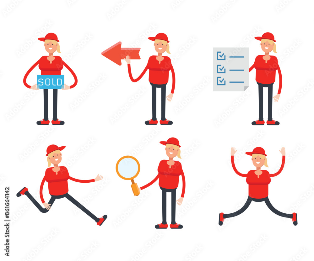 girl wearing cap characters in various poses vector illustration Stock ...