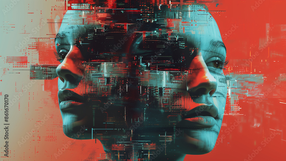 Futuristic and abstract representation of a human face, split into ...