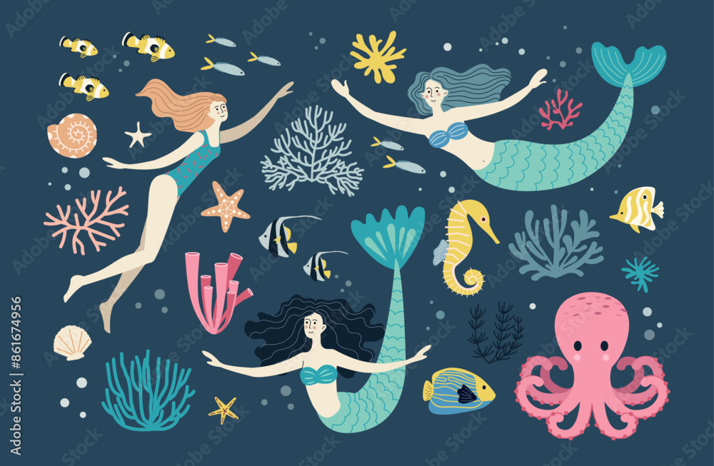 Mermaids. Sea witch, underwater mythological creature with hand drawn ...
