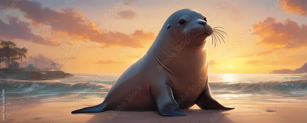 cartoon sea lion at the beach with sunset in background. Extremely ...