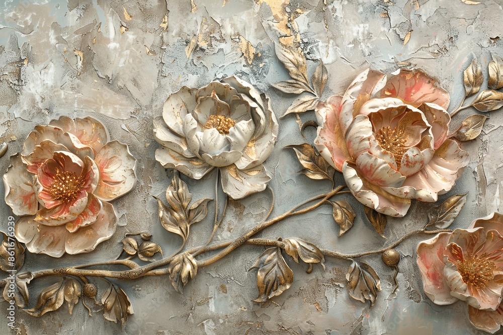 Stucco artwork of peony flowers with their lush, layered petals ...
