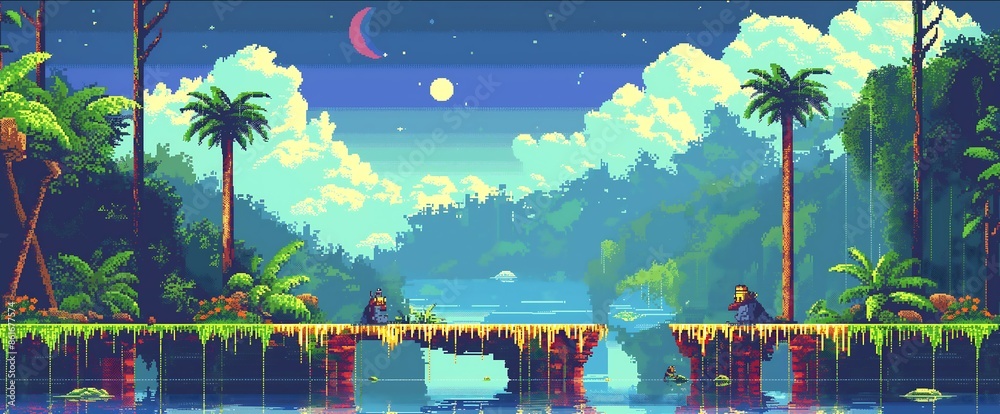 Pixelated Gaming Landscape Retro gaming background featuring pixelated ...
