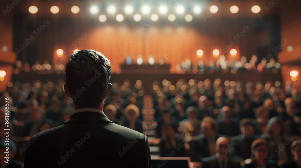Speaker addressing a large audience in a conference hall, focusing on ...