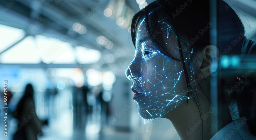 A female traveler is being scanned by an airport facial biometric ...