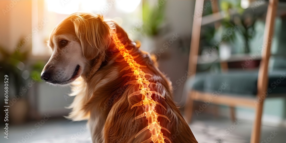 Visualize dog spine with disc degeneration causing back pain and hind ...