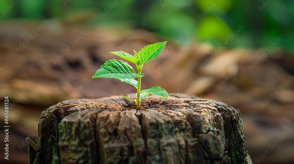 a young green plant sprouting from the center of a tree stump in a ...