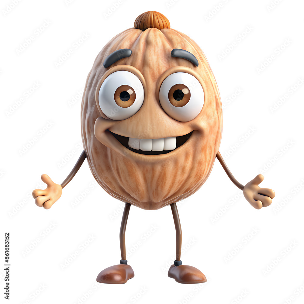 3D organic nut funny cartoon character with eyes on transparent ...