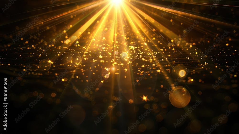 shimmering golden light rays and lens flares on black background ...