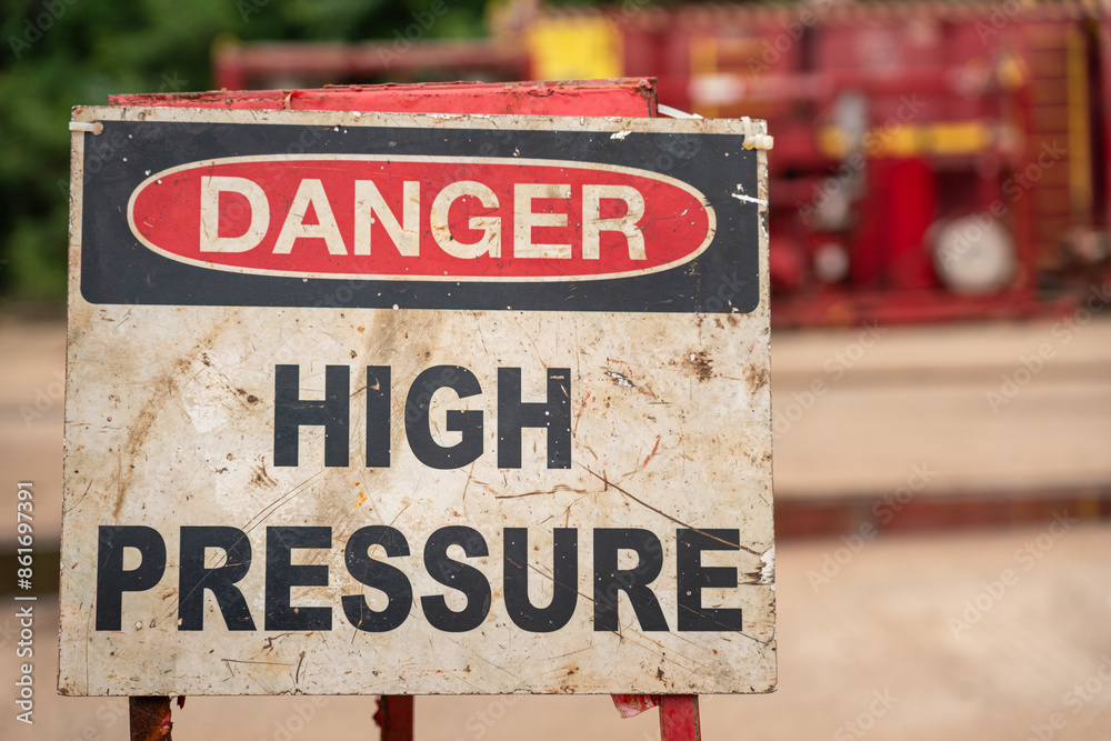 "High pressure" safety warning sign that place in front of the pumping ...
