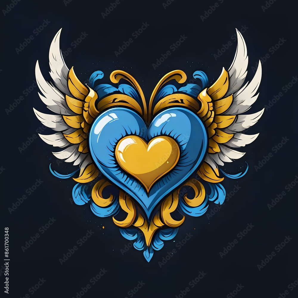 Intricate illustration of a blue and gold heart with wings, perfect for ...