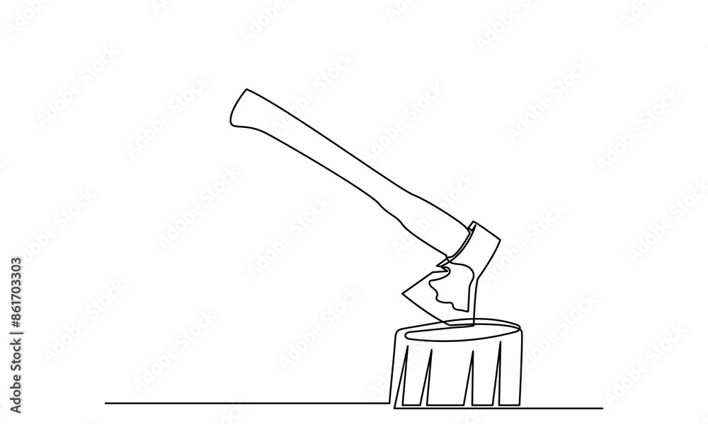 Continuous line drawing of Tree stump with axe .axe is stuck at the ...