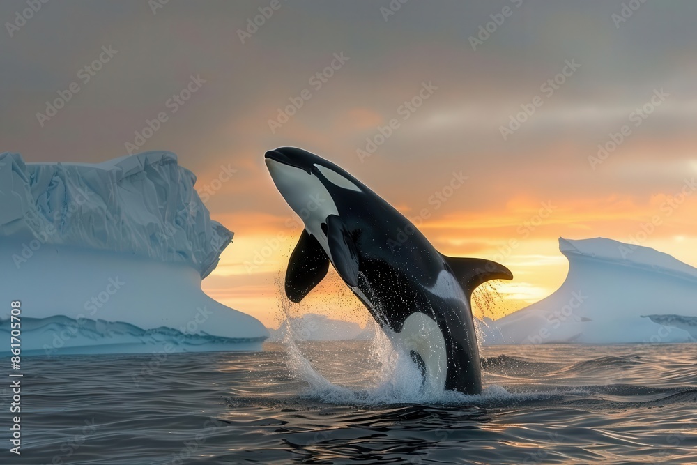 majestic orca breaching between towering icebergs water droplets ...