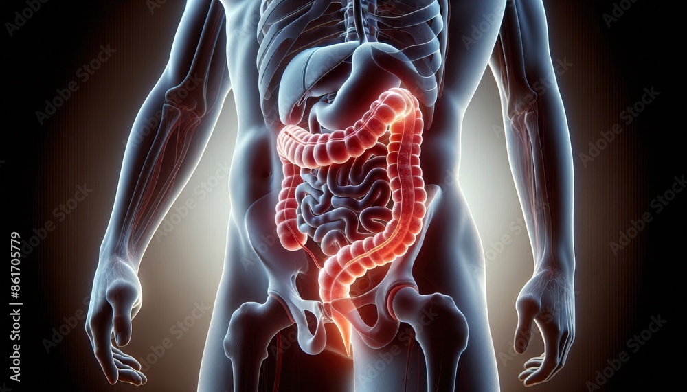 Detailed anatomical illustration of the large and small intestines in ...