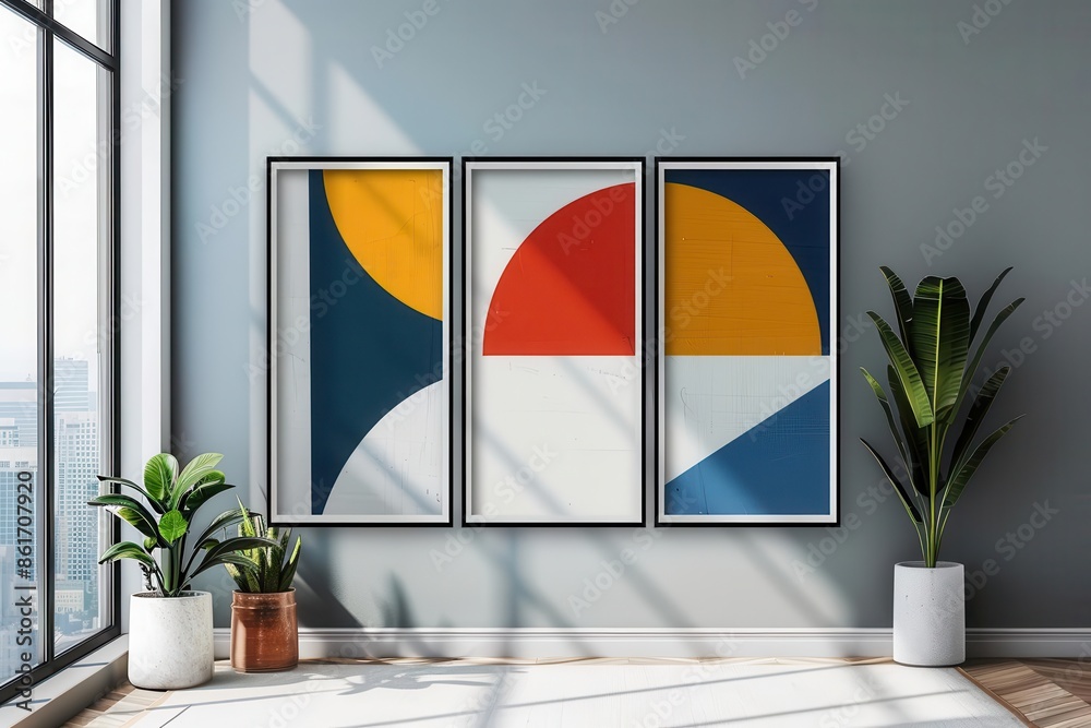 minimalist triptych art bold geometric shapes vivid primary colors white negative space clean ...