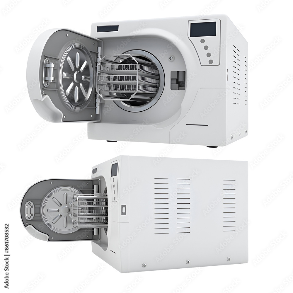 High quality image of a modern medical autoclave with its door open ...