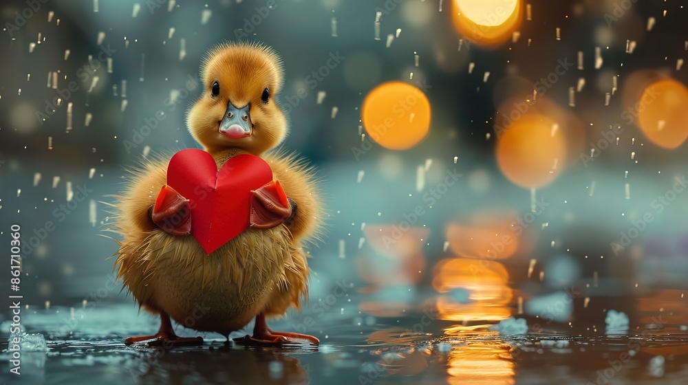 Cute duck with big eyes hugging a paper red heart, street city ...