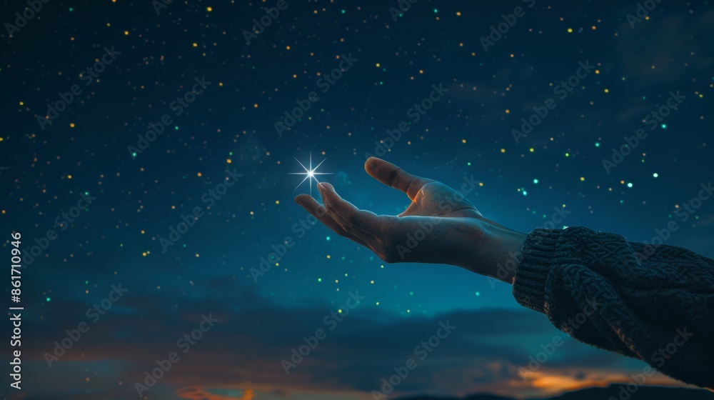 Hand reaching out to touch a star in the night sky, symbolizing dreams ...