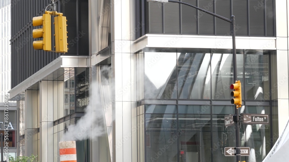 Steam vapor vented, New York City Church, Fulton street, orange vapour ...