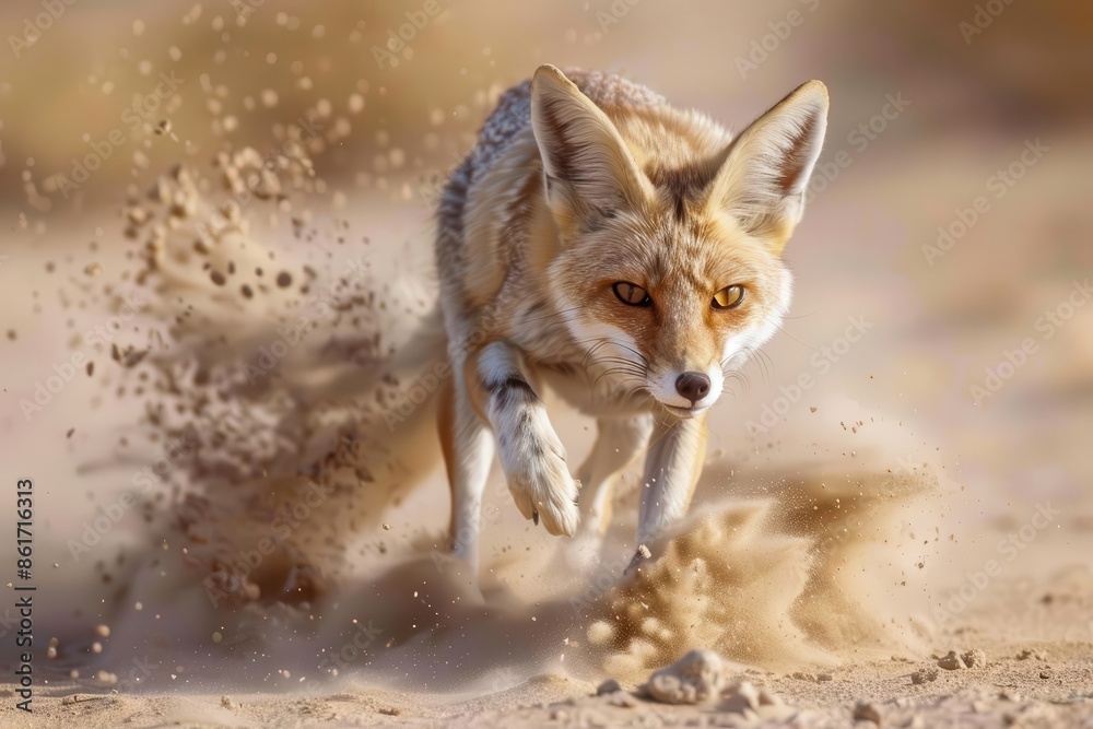ภาพประกอบสต็อก hyperrealistic portrait of an alert desert fox midstride ...