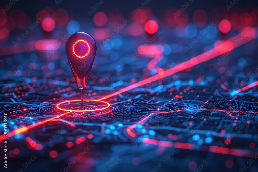 A concept illustrating digital GPS location on a map with a pinned ...